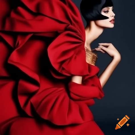 Supermodel Wearing Elegant Red Evening Dress With High Contrast