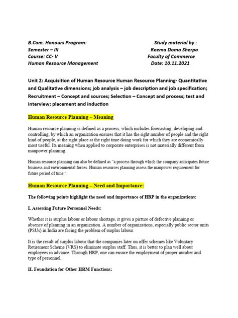 Com Rds 3 Sem Hons Cc V Unit Ii Pdf Human Resources Recruitment