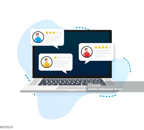 고객 리뷰 평가 메시지 랩톱 디스플레이 및 온라인 리뷰 또는 고객 평가 경험 또는 피드백 개념이 있는 랩톱 벡터 그림입니다 고객 중심에 대한 스톡 벡터 아트 및 기타 이미지