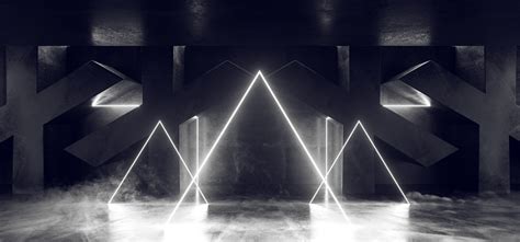 연기 삼각형 안개 증기 콘크리트 그런 지 벽돌 복도 터널 어두운 홀 반사 네온 빛나는 공상 과학 Fi 미래 현대 경로 흰색 사각형 모양 게이트 무대 쇼 레이저 3d 렌더링