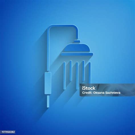 종이 컷 샤워 헤드 와 물 방울 흐르는 아이콘 파란색 배경에 격리 종이 아트 스타일입니다 벡터 일러스트레이션 가정의 방에 대한 스톡 벡터 아트 및 기타 이미지 Istock