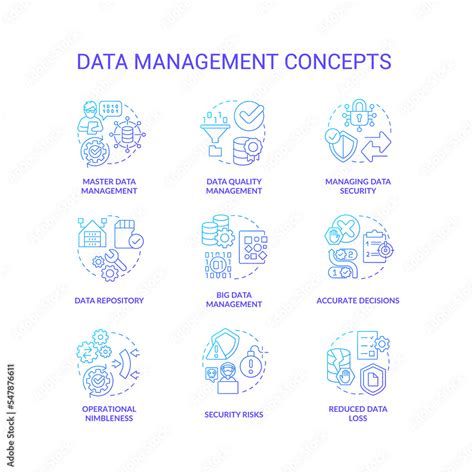 Data Management Blue Gradient Concept Icons Set Information Storage System Database Governance