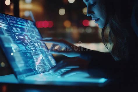 Young Female Programmer Working On A Laptop With Holographic Display Stock Illustration