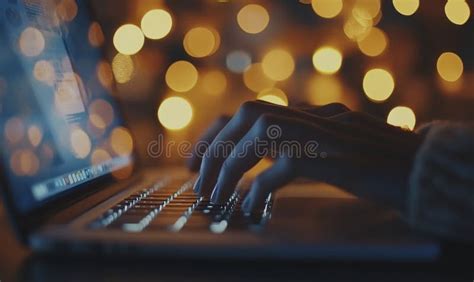 Hands Typing On Laptop Keyboard At Night With Warm Bokeh Lights Stock