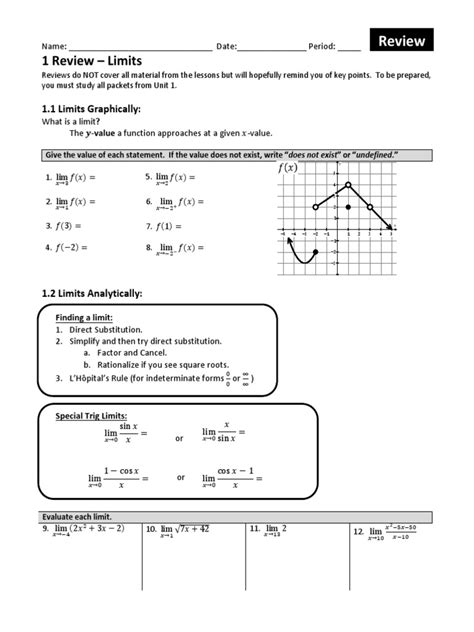 C Unit 1 Review Pdf Asymptote Continuous Function