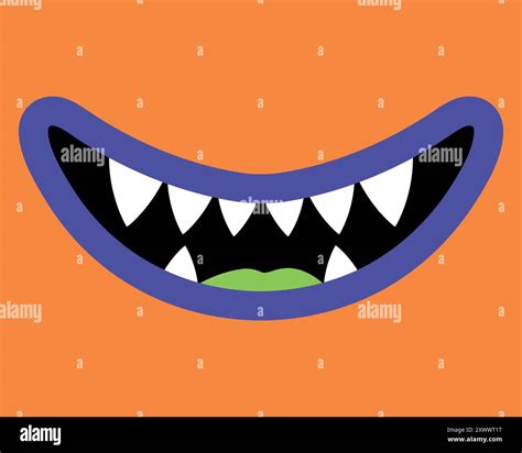Cartoon Smiling Monster Mouth With Fangs Close Up Of Orange And Purple Monsters Teeth Smiling