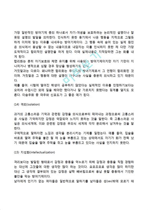 안나 프로이드의 방어기제이론 방어기제와 방어기제의 종류에 대해 설명 자아방어기제 종류의 개념 방어기제의 종류와 내용인문사회레포트