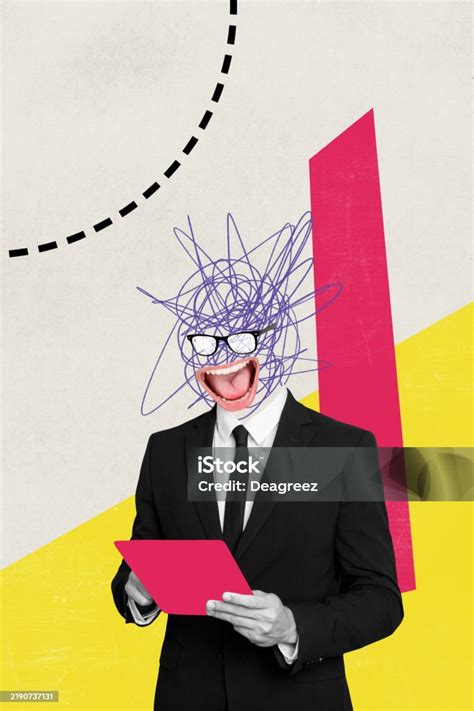 검은 색 흰색 색상의 수직 콜라주 그림 우아한 사람 그린 엉망 안경 입 대신 머리 사용 태블릿 독립적 인 배경에 고립 된 강렬하고 밝은 색상에 대한 스톡 사진 및 기타