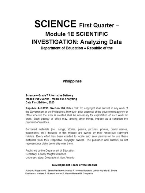 science first quarter module 1e scientific investigation analyzing