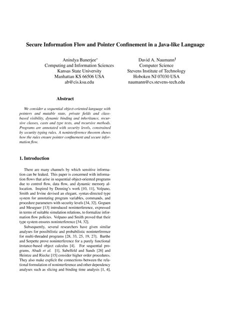 Secure Information Flow And Pointer Con Nement In A Java Like Language Ieee Conference