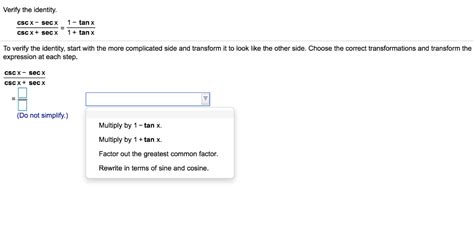 Solved Verify The Identity 1 Tan X Csc X Sec X Csc Xsecx 1