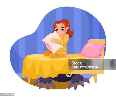 어린 시절의 두려움 와 어린 소녀 성격 두려워하는 의 괴물 침대 밑에 벡터 일러스트 감정에 대한 스톡 벡터 아트 및 기타 이미지 Istock