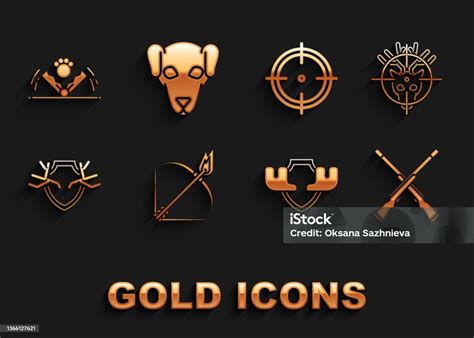 세트 활과 화재 화살표 십자선 사슴에 사냥 두 교차 산탄총 무스 뿔 방패 사슴 뿔 촬영 경쟁을위한 대상 스포츠 트랩 사냥과 사냥 개 아이콘 벡터 검은색에 대한 스톡 벡터