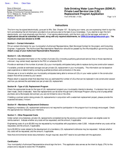 Fillable Online Dnr Wi Form 8700 382 Safe Drinking Water Loan Program