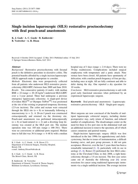 Pdf Single Incision Laparoscopic Sils Restorative Proctocolectomy With Ileal Pouch Anal