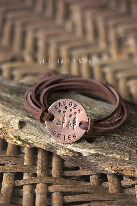 Wander Often Leather Wrap Bracelet Hand Stamped Copper Chocolate