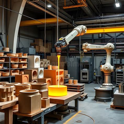 A Modern Workspace With Automated Casting Tools Molds And A Robotic Pouring System Captured In A