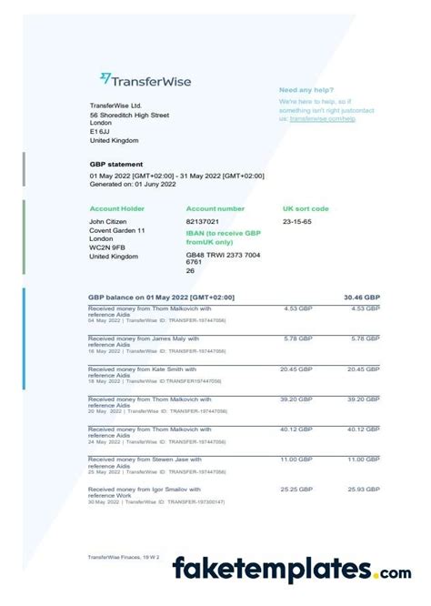 Fake Usa Transferwise Finances Statement Download Word And Pdf