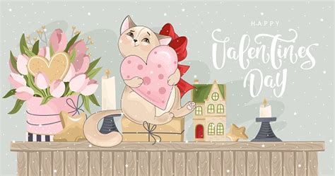 발렌타인 데이 카드 축제 요소와 로맨틱 한 고양이 손 글자 벡터 그림입니다 초대 인사 축하 포스터에 대한 템플릿 고양이 새끼에 대한 스톡 벡터 아트 및 기타 이미지 Istock