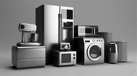 현대 가전제품 가스 밥솥 Tv 영화관 냉장고 전자레인지 노트북 및 세탁기 배경이 포함된 3d 일러스트레이션 Tv 배경 경이 배경 3d 현대 배경 이미지
