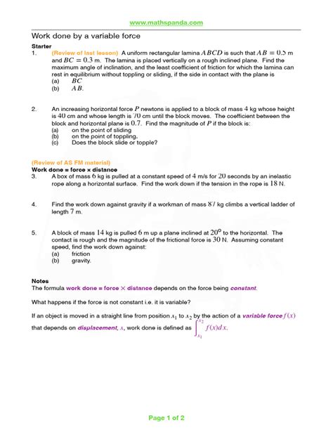 Work Done By A Variable Force Lesson Pdf Force Friction