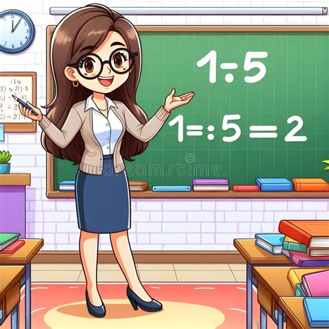 Cheerful Cartoon Teacher Conducting A Math Lesson In A Colorful Classroom Stock Illustration