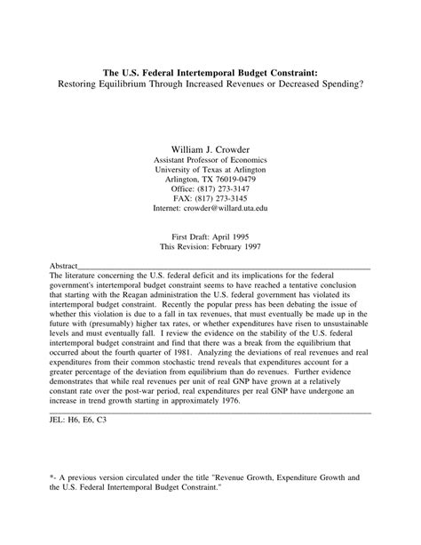 Pdf The U S Intertemporal Budget Constraint Restoring Equilibrium Through Increased Revenues