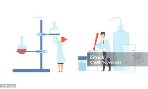 플라스크 벡터 세트에서 화학 물질 실험을 수행하는 실험실 코트의 남성과 여성 연구 과학자 개념에 대한 스톡 벡터 아트 및 기타 이미지 개념 검사 보기 과학 Istock
