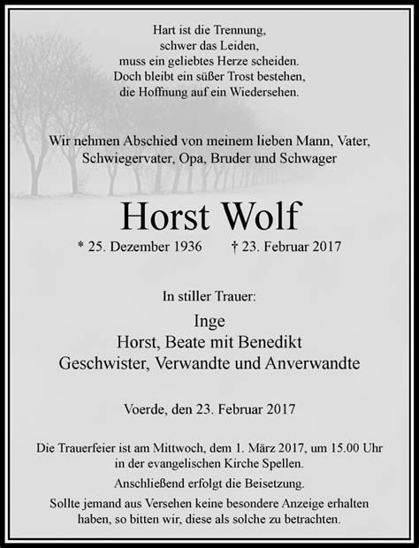 Alle Traueranzeigen Für Horst Wolf Trauerrp Onlinede