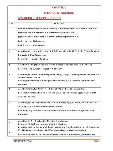 Relation And Functions Assertion And Reason Questions Ziet Bhubaneswar Download Free Pdf