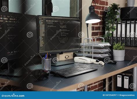 empty office with nobody in it containing multiple displays showing