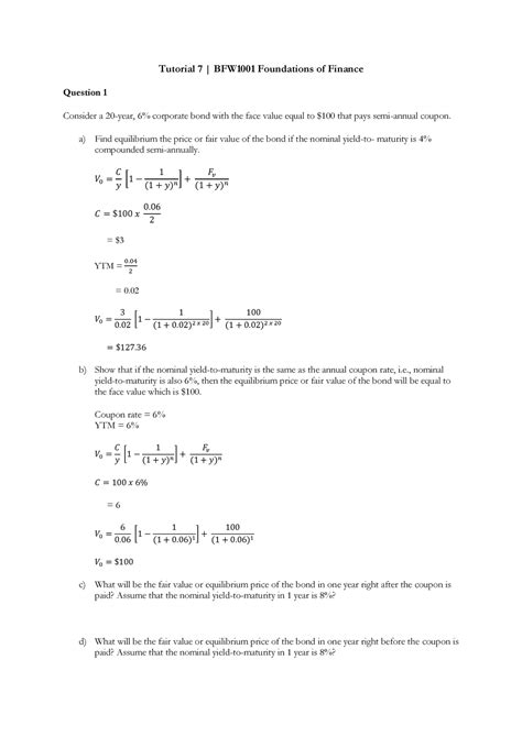 bfw 1001 tutorial 7 foundation in finance tutorial 7 bfw1001