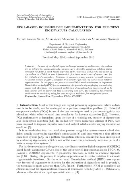 Pdf Fpga Based Householder Implementation For Efficient Eigenvalues Calculation
