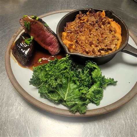 Coffee Rubbed Filet Mignon And Whiskey Coffee Au Jus With Sweet Potato Casserole And Crispy Kale
