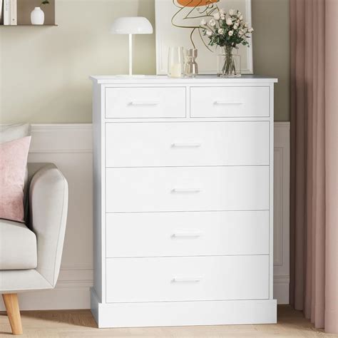 Fotosok 6 Drawer Dresser White Dresser Tall Dresser Wood With Metal Handles White
