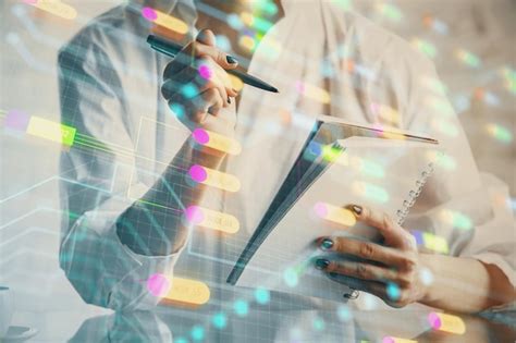 premium photo multi exposure of hands making notes with digital coding icons computer learning