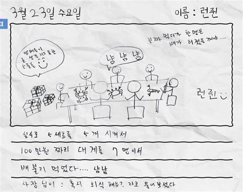 런쥔이 생일 그림일기ㅋㅋㅋ🤣 실수로 5세트를 5개 시켜서 100만 원짜리 대게를 7명이서 배불리 먹었다•••• 냠냠 사장님이 혹시 회식해요 라고 물어보셨다 새로