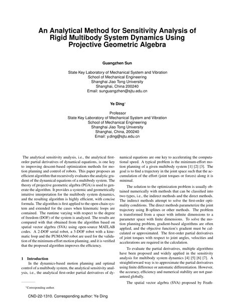 PDF An Analytical Method For Sensitivity Analysis Of Rigid Multibody System Dynamics Using