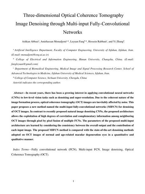 Pdf Three Dimensional Optical Coherence Tomography Image Denoising Via Multi Input Fully