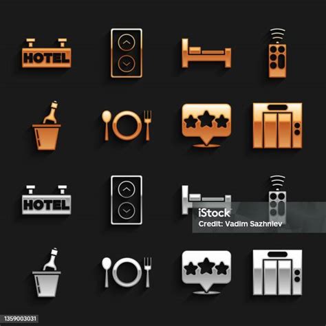 세트 플레이트 포크와 칼 원격 제어 리프트 별 등급 검토 샴페인 아이스 버킷 호텔 객실 침대 텍스트와 아이콘이있는 간판 벡터 1위에 대한 스톡 벡터 아트 및 기타 이미지