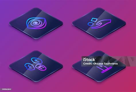 아이소메트릭 라인 최면 마법 룬 손 위에 떠 있는 큐브 및 불타는 촛불을 설정합니다 파란색 사각형 버튼입니다 벡터 3차원 형태에 대한 스톡 벡터 아트 및 기타 이미지