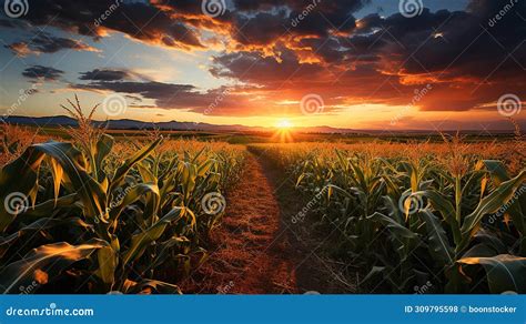 A Beautiful Expansive View Of A Cornfield At Sunset Ai Generated Stock
