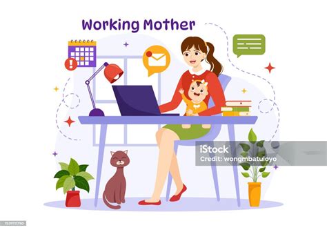 일하는 어머니 벡터 일러스트레이션은 멀티태스킹 만화 손으로 그린 템플릿으로 집에서 일을 하고 아이들을 돌보는 어머니와 함께 일함에 대한 스톡 벡터 아트 및 기타 이미지