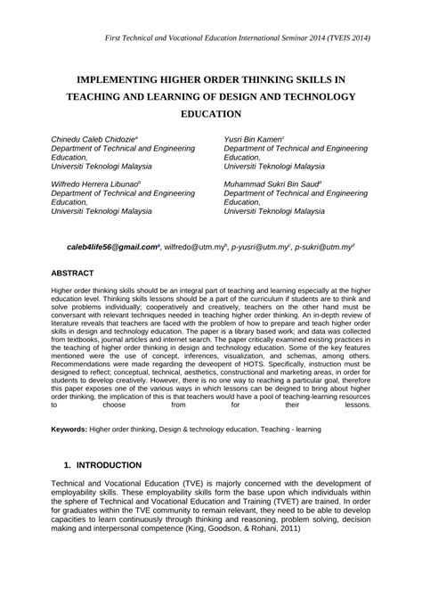 Pdf Implementing Higher Order Thinking Skills In The Teaching And Learning Of Design And