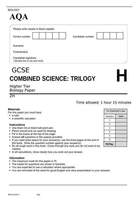 Aqa Gcse Combined Science Trilogy Biology Paper 2h June 2022 Question Paper Gcse Combined