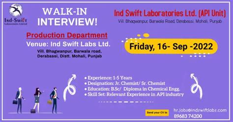 Ind Swift Laboratories Walk Ins On 16th Sep 2022 For Production