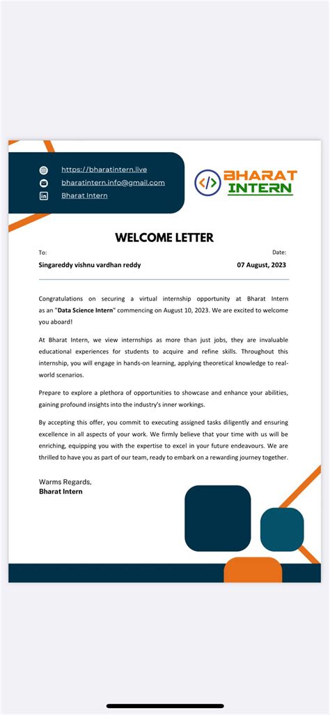 Singareddy Vishnu Vardhan Reddy On Linkedin Internship2023 Bharatintern Welcome Letter