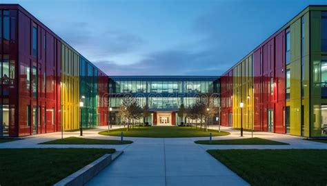 Modern School Building With Red Yellow Green Facade Bright Windows