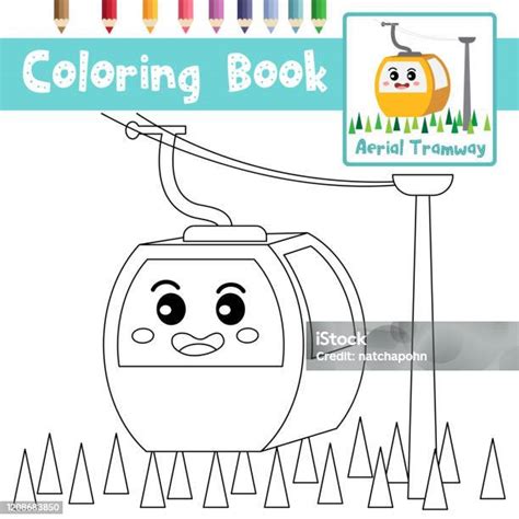 색칠 하기 페이지 공중 트램 웨이 만화 캐릭터 원근 보기 벡터 일러스트 3차원 형태에 대한 스톡 벡터 아트 및 기타 이미지