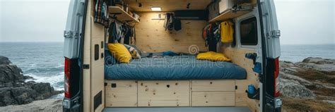 Cozy Camper Van Interior With Bed Storage And Ocean View Perfect For